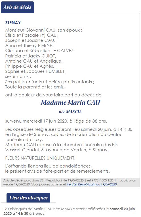 Décès de madame Maria CAU née MASCIA