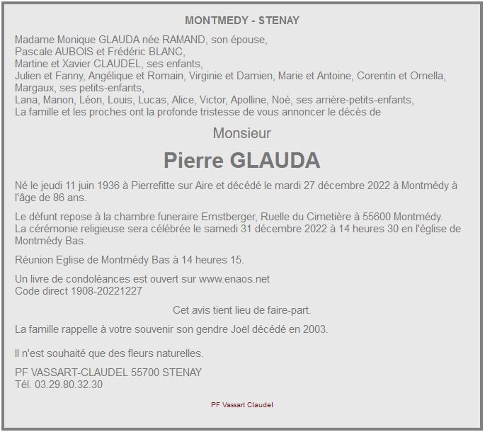 Décès de Monsieur Pierre GLAUDA