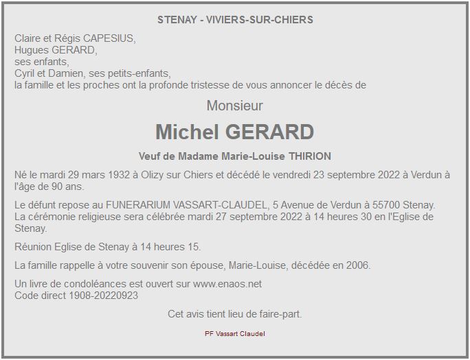 Décès de monsieur Michel GERARD