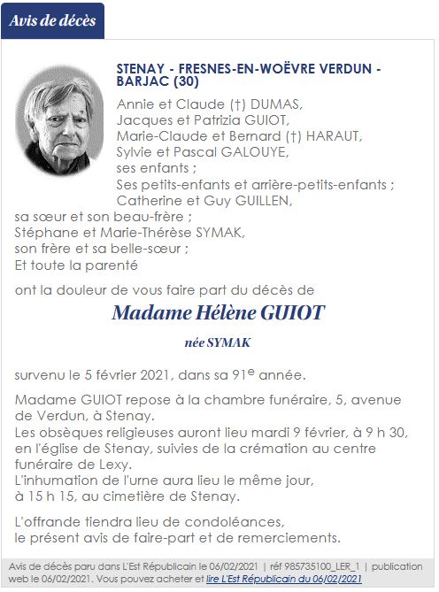Décès de madame GUIOT Hélène née SYMAK
