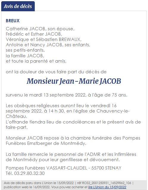 Décès de monsieur Jean-Marie JACOB