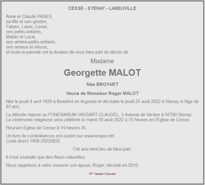 Décès de madame Georgette MALOT née BROYART