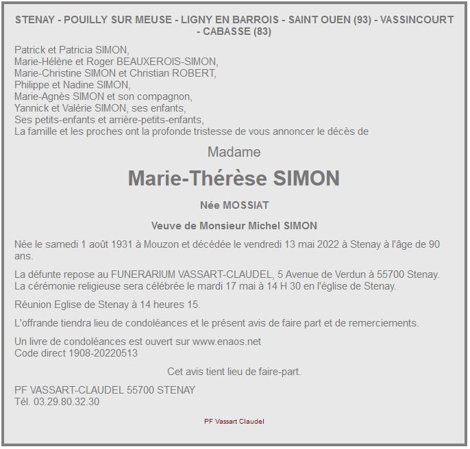 Décès de madame Marie-Thérèse SIMON née MOSSIAT